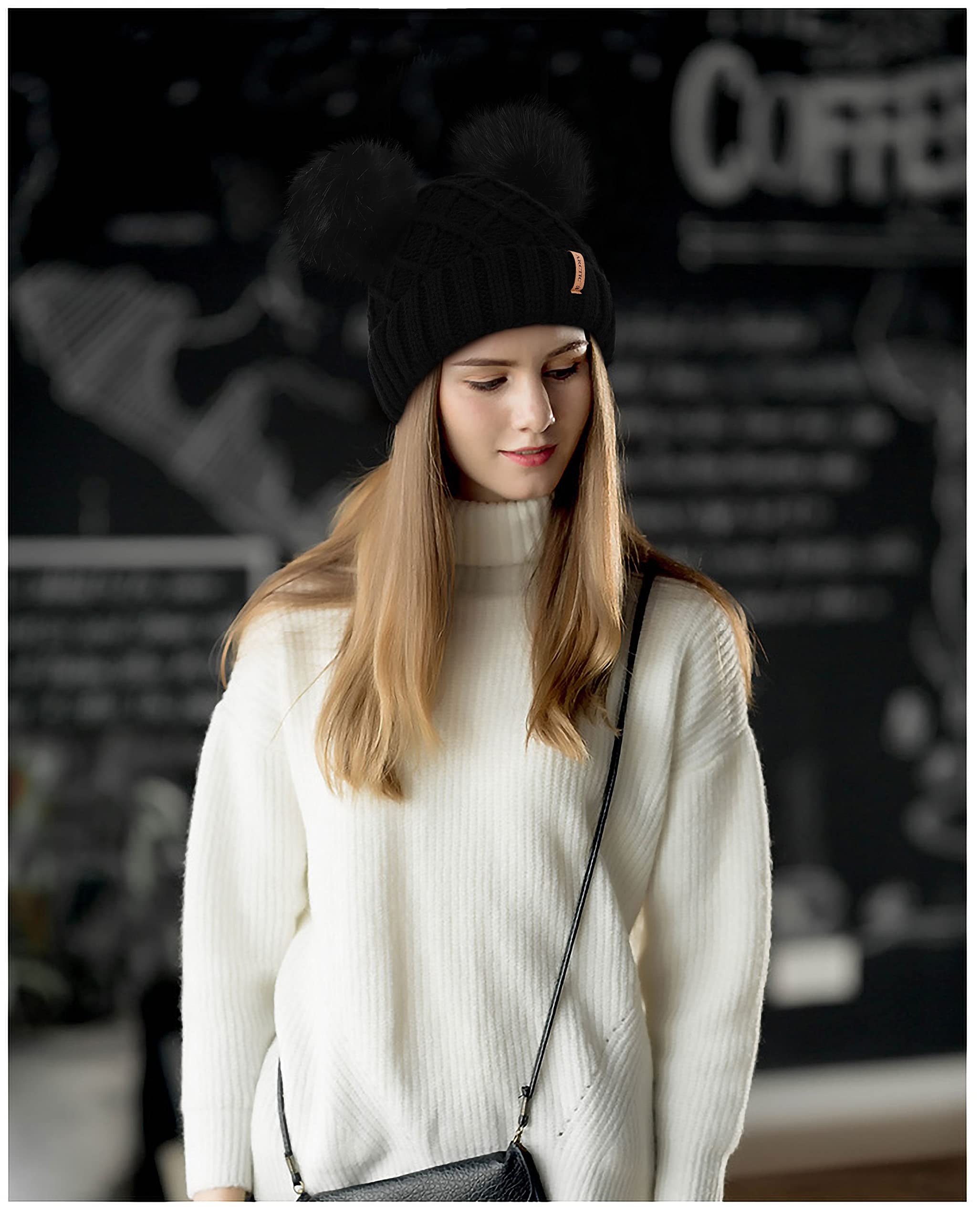 Arctic Paw Winter Cable Knit Fleece Lined Pom Pom Beanie for Women Black