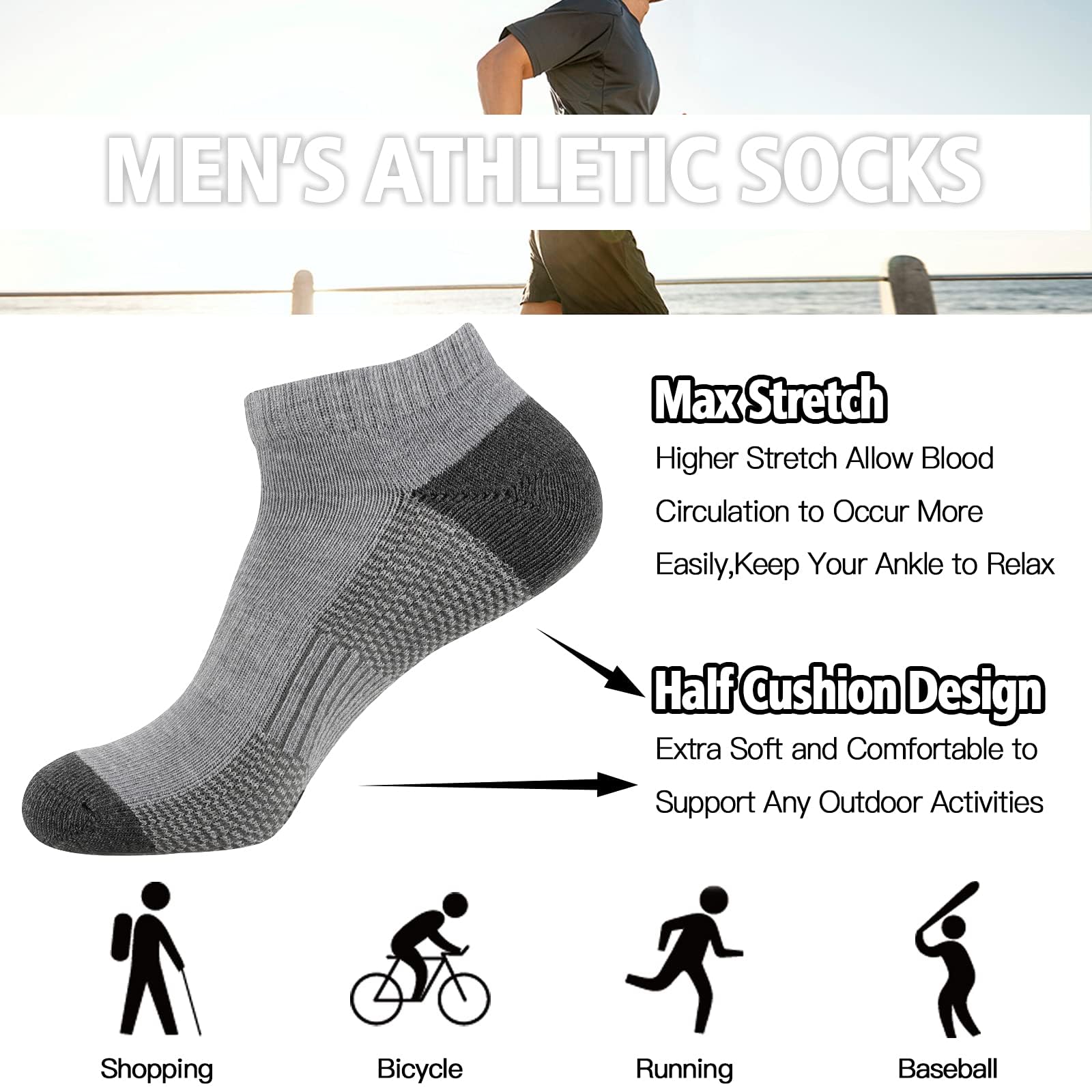 COOVAN 10 Pack Mens Ankle Low Cut Socks Athletic Cushion Casual Socks