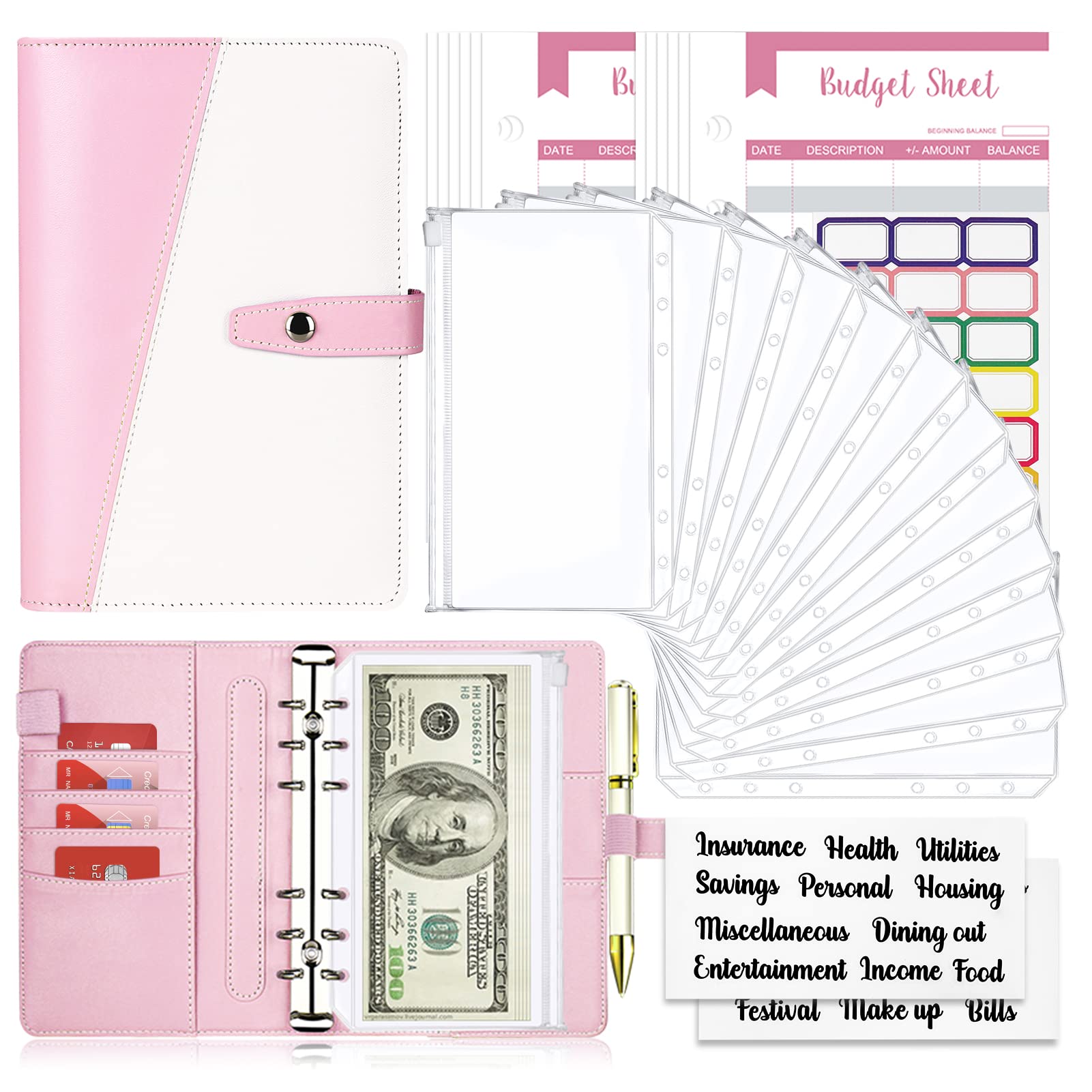 Onlyesh Budget Binder with Zipper Envelopes,Cash Envelopes for Budgeting,Money Organizer for Cash,Budget Binder with Cash Envelopes,28Pcs(Pink)