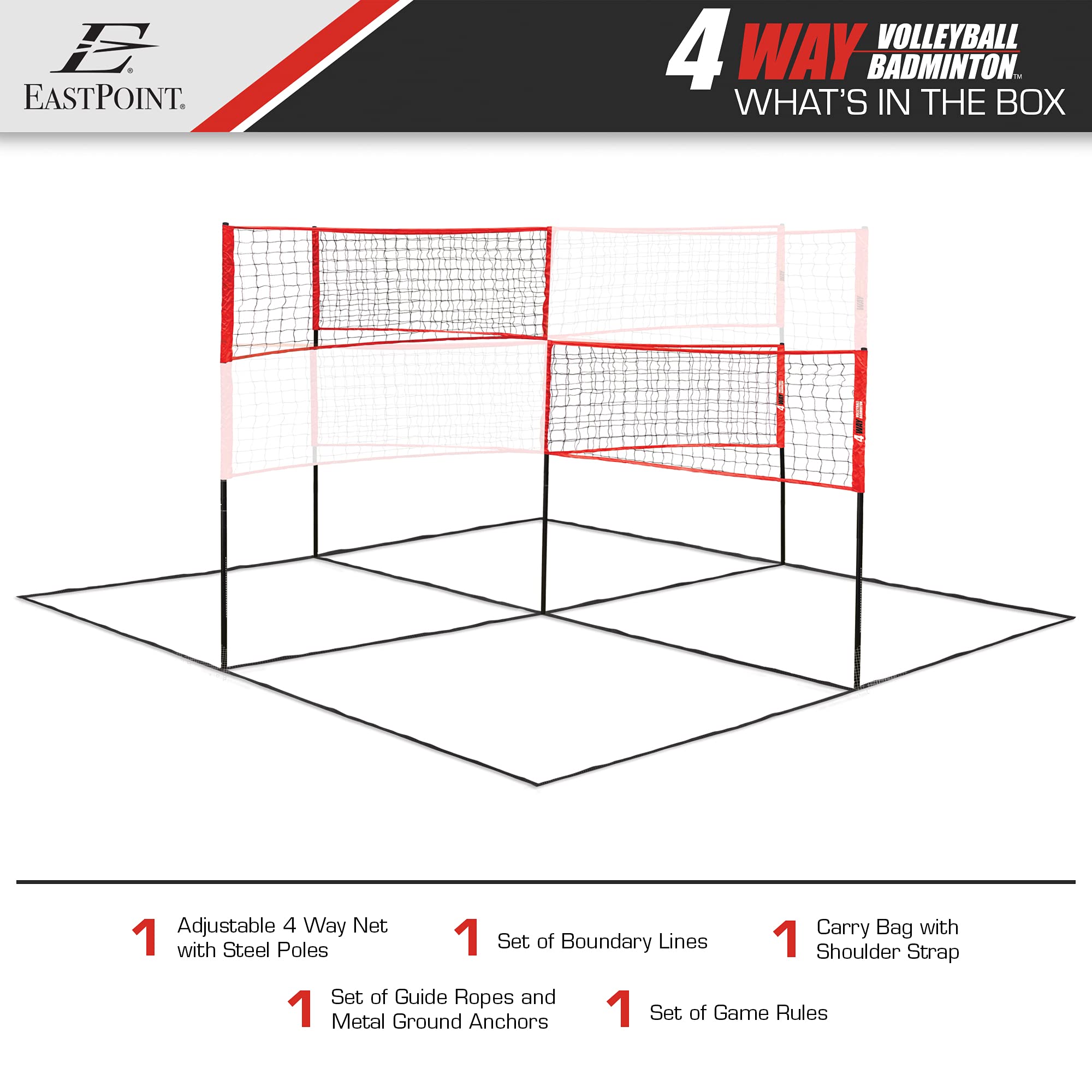 EastPoint Sports 4-Way Volleyball and Badminton Net, Game for Outdoors, Backyard, Beach, Park, East Set Up, White