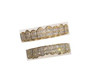 14k iced baguette set 8 teeth joker gold grillz for mouth top bottom hip hop teeth grills for teeth mouth grillz for mouth top bottom (gold)