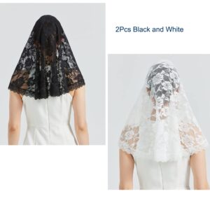 Grettytling Lace Mantilla Veil Soft and comfortable 7 Colors Spanish Style Rose Lace Veil Head Covering D Shape ， 2pcs Black&white