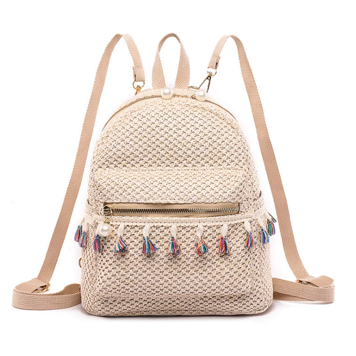 Meyaus Women Small Tassels Pearl Zipper Straw Woven Backpack Daypack Convertible Cross-body Shoulder Bag