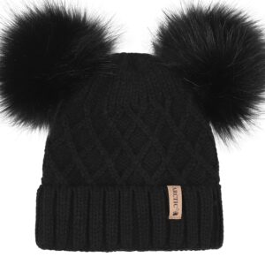 Arctic Paw Winter Cable Knit Fleece Lined Pom Pom Beanie for Women Black