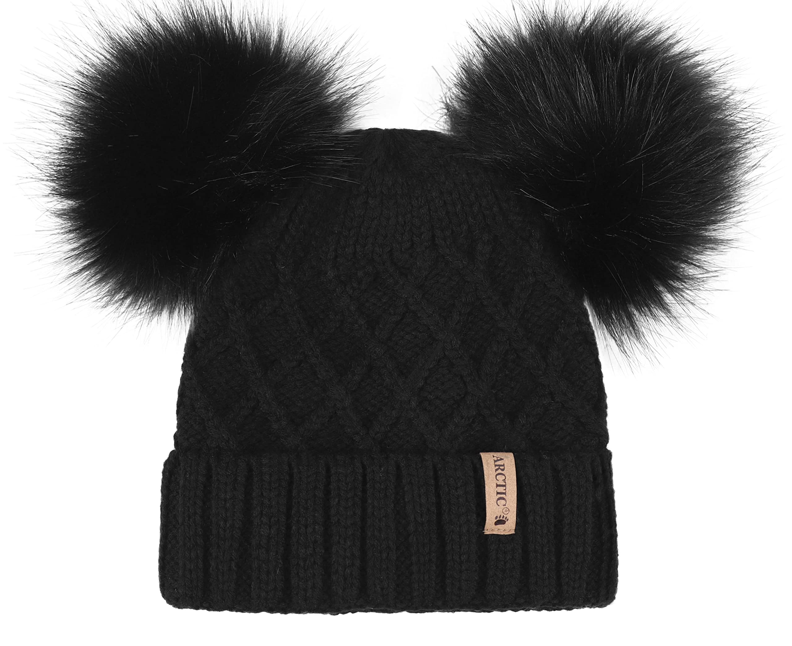 Arctic Paw Winter Cable Knit Fleece Lined Pom Pom Beanie for Women Black