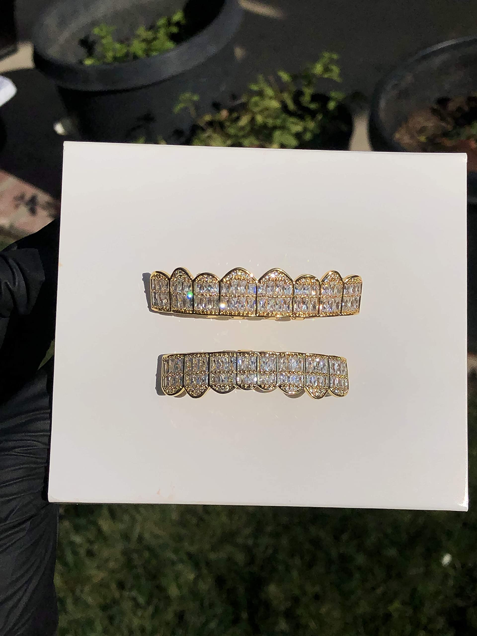 14k Iced Baguette Set 8 Teeth Joker Gold Grillz for Mouth Top Bottom Hip Hop Teeth Grills for Teeth Mouth Grillz for Mouth Top Bottom (Gold)