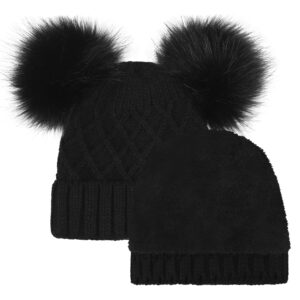 Arctic Paw Winter Cable Knit Fleece Lined Pom Pom Beanie for Women Black