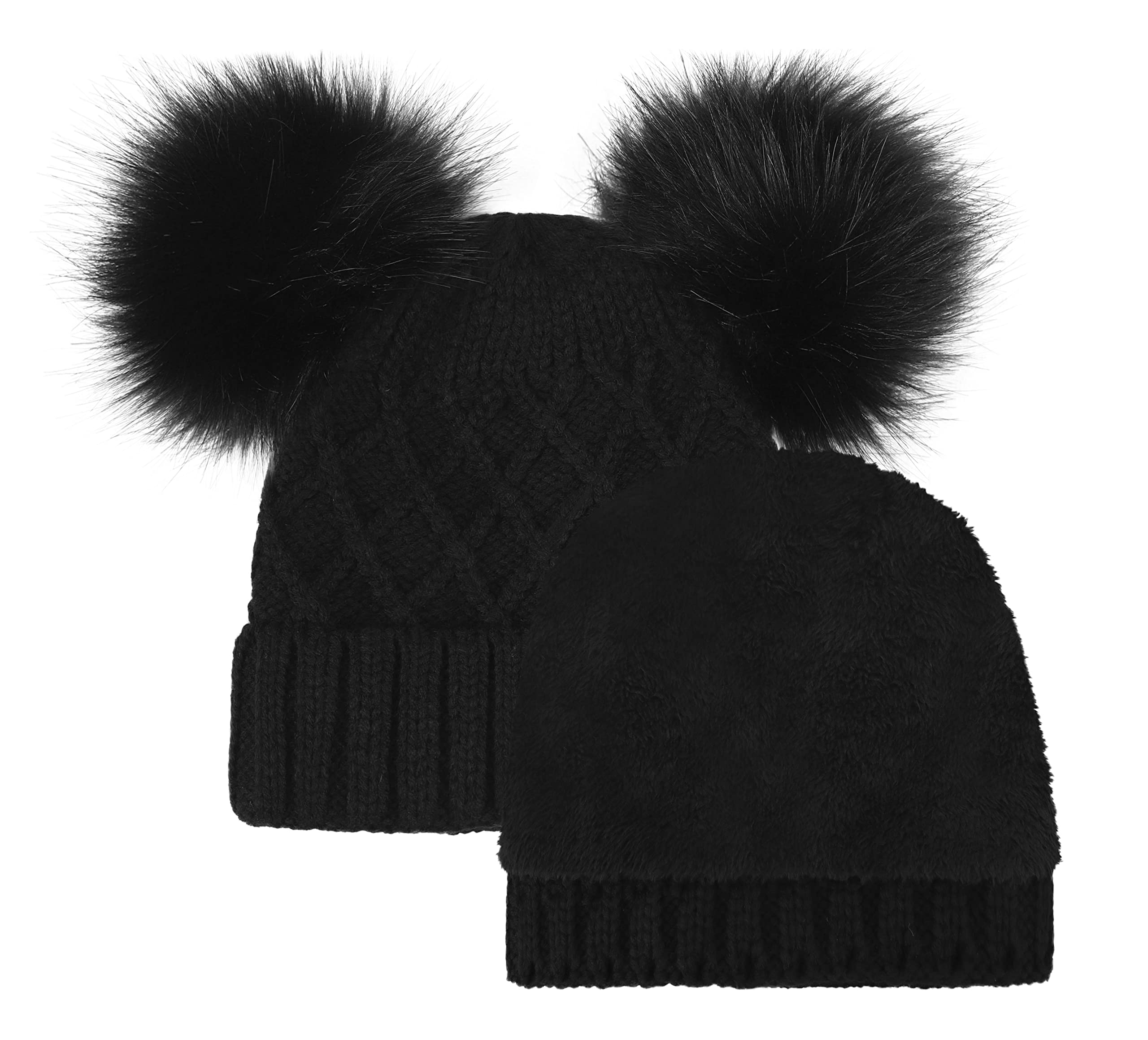 Arctic Paw Winter Cable Knit Fleece Lined Pom Pom Beanie for Women Black