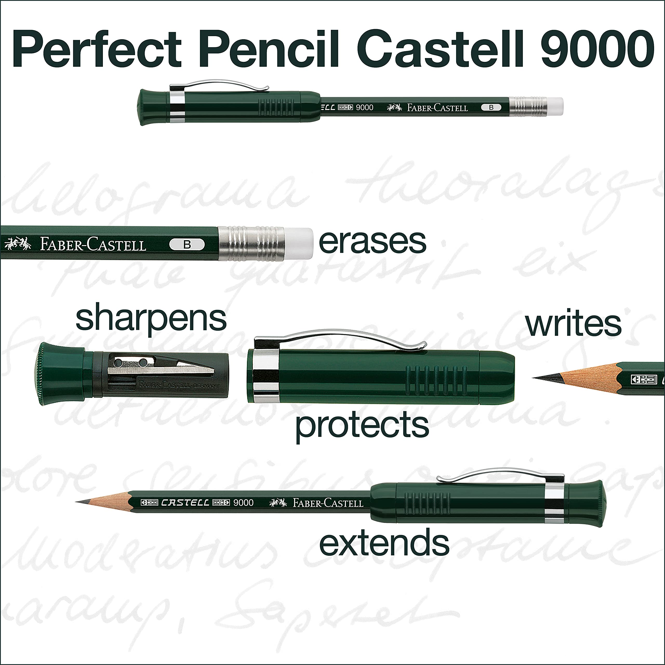 Faber-Castell Perfect Pencil Castell 9000 and 3 Count Pencil Refill - #2 Lead Pencil, Sharpener and Pencil Extender (Pack of 1)