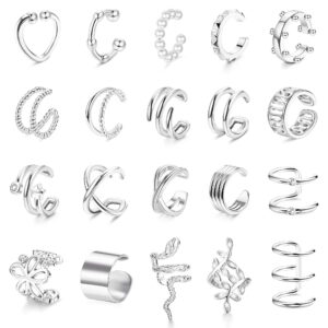 fibo steel 20pcs ear cuffs earrings set for women non-piercing dainty cartilage ear clip on wrap earring set adjustable silver plated