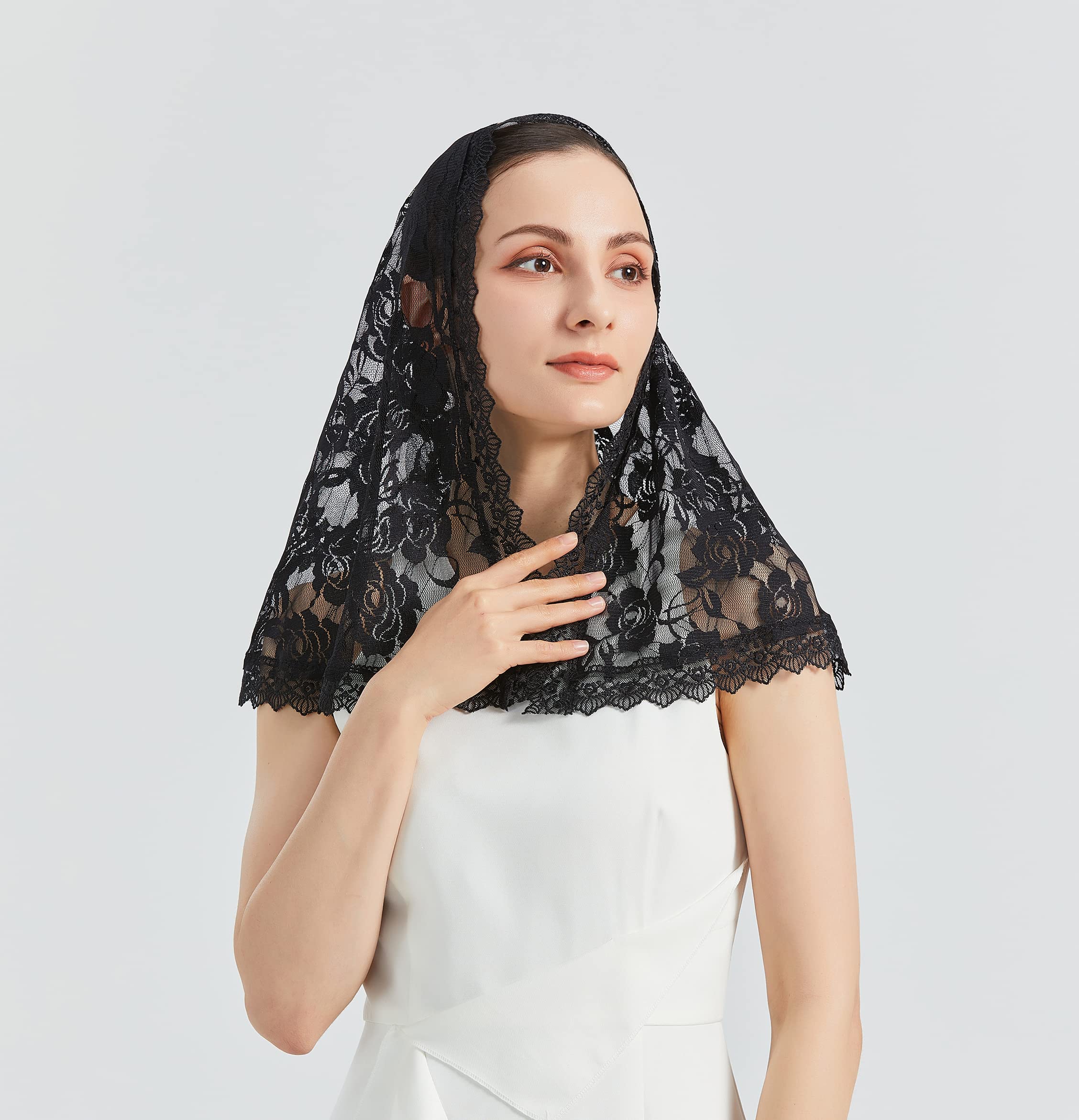 Grettytling Lace Mantilla Veil Soft and comfortable 7 Colors Spanish Style Rose Lace Veil Head Covering D Shape ， 2pcs Black&white