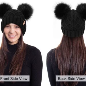 Arctic Paw Winter Cable Knit Fleece Lined Pom Pom Beanie for Women Black