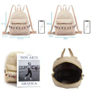 Meyaus Women Small Tassels Pearl Zipper Straw Woven Backpack Daypack Convertible Cross-body Shoulder Bag