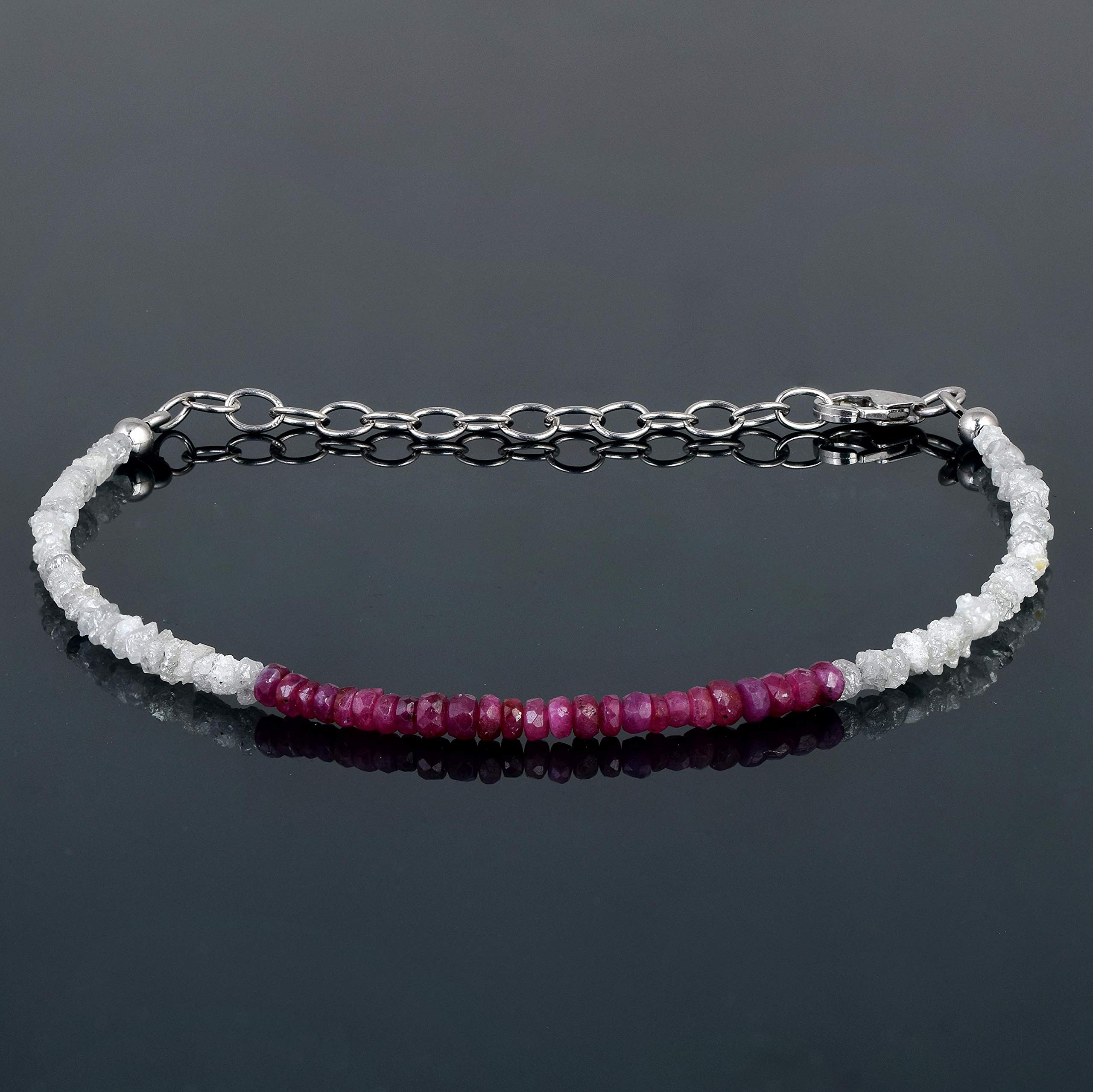 Vatslacreations 22CM White Rough Diamond Ruby Bracelet 2-3Raw Diamond Bracelet Ruby Bead Bracelet White Diamond Bracelet Uncut Diamond Bracelet