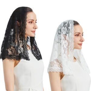 Grettytling Lace Mantilla Veil Soft and comfortable 7 Colors Spanish Style Rose Lace Veil Head Covering D Shape ， 2pcs Black&white