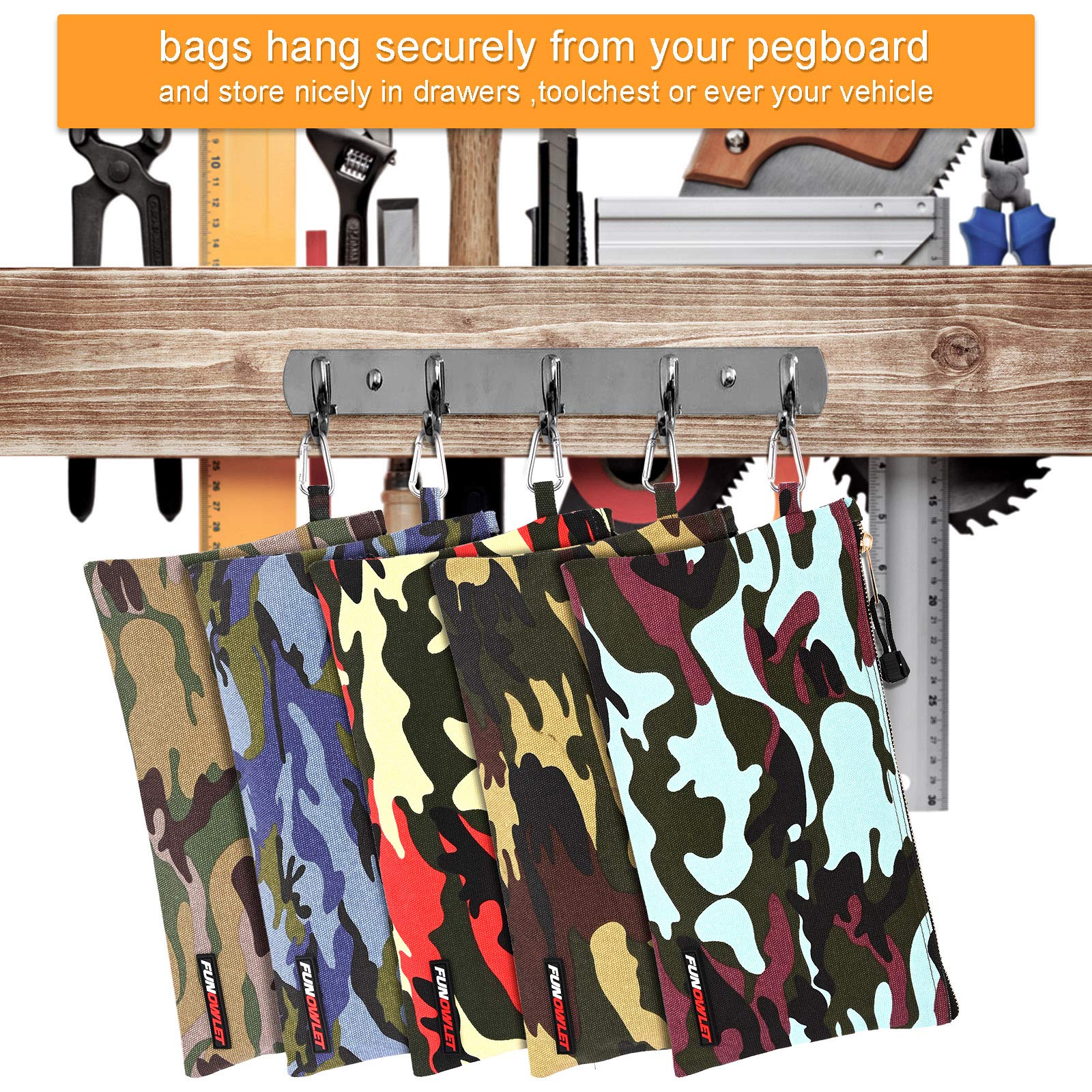 Canvas Tool Pouch Zipper Bag - 5 Pack Heavy Duty Utility Camo Bags with Carabiner, Multi-Purpose Storage Organizer Clip on Tote Pouches 12.5 x 7-Inch