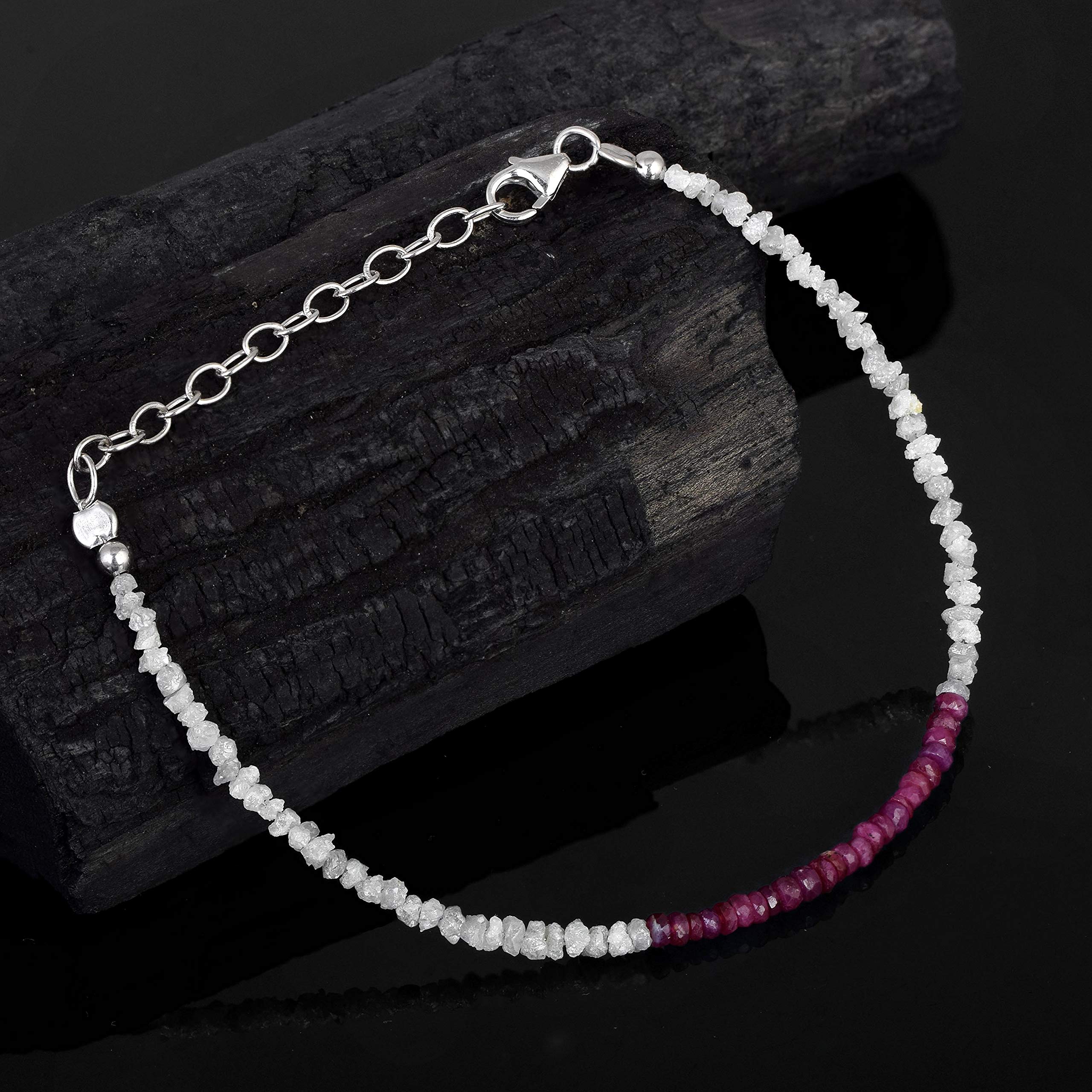 Vatslacreations 22CM White Rough Diamond Ruby Bracelet 2-3Raw Diamond Bracelet Ruby Bead Bracelet White Diamond Bracelet Uncut Diamond Bracelet