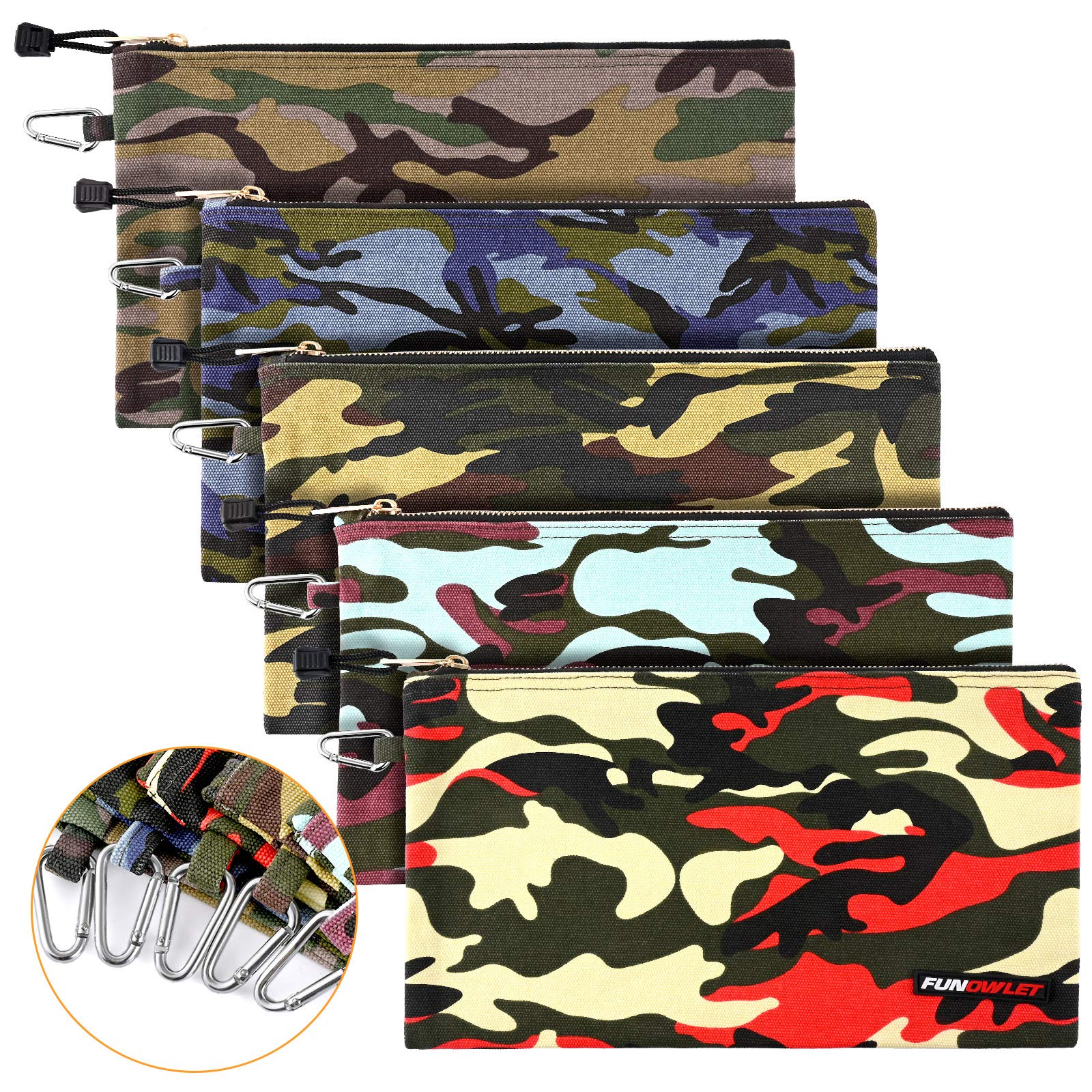 Canvas Tool Pouch Zipper Bag - 5 Pack Heavy Duty Utility Camo Bags with Carabiner, Multi-Purpose Storage Organizer Clip on Tote Pouches 12.5 x 7-Inch