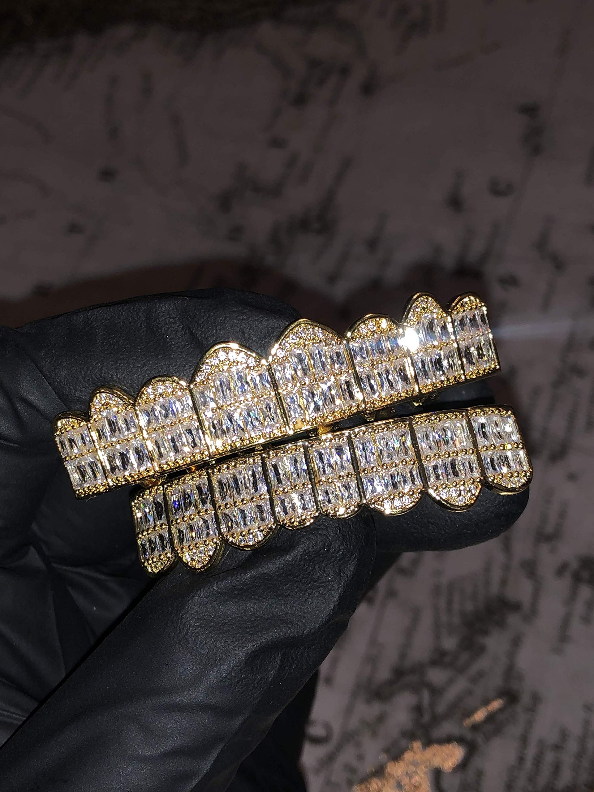 14k Iced Baguette Set 8 Teeth Joker Gold Grillz for Mouth Top Bottom Hip Hop Teeth Grills for Teeth Mouth Grillz for Mouth Top Bottom (Gold)