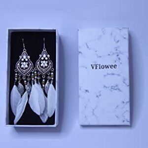 VFlowee Bohemian Earrings Feather Tassel Silver Ethnic Drop Earrings Retro Boho Dangle Earring Bead Women Teen Girls Jewelry for Birthday Party Gifts