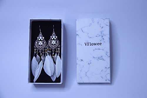 VFlowee Bohemian Earrings Feather Tassel Silver Ethnic Drop Earrings Retro Boho Dangle Earring Bead Women Teen Girls Jewelry for Birthday Party Gifts