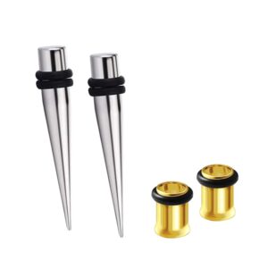 bngukju 1g/7mm stainless steel ear gauge taper stretching + single flare plugs flesh tunnel kit with o rings 2 pairs (gold + silver 1g/7mm)