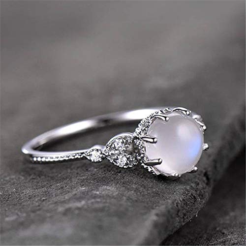 Kuyiuif 925 Sterling Silver Moonstone Ring Fire Opal Diamond Ring Transparent Elegant Moonstone Luxury Engagement Cocktail Party Wedding Band Rings for Women (US Code 9)