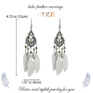 VFlowee Bohemian Earrings Feather Tassel Silver Ethnic Drop Earrings Retro Boho Dangle Earring Bead Women Teen Girls Jewelry for Birthday Party Gifts