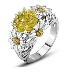 kuyiuif 925 sterling silver ring citrine daisy ring cubic zirconia sunflower flower wedding ring fashion lady cz ring (9)