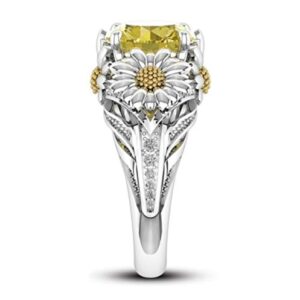 Kuyiuif 925 Sterling Silver Ring Citrine Daisy Ring Cubic Zirconia Sunflower Flower Wedding Ring Fashion Lady CZ Ring (9)