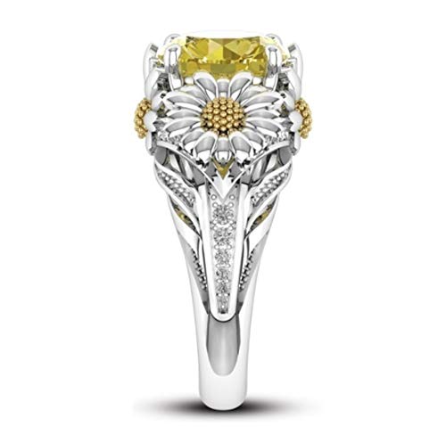 Kuyiuif 925 Sterling Silver Ring Citrine Daisy Ring Cubic Zirconia Sunflower Flower Wedding Ring Fashion Lady CZ Ring (9)