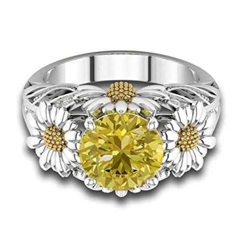 Kuyiuif 925 Sterling Silver Ring Citrine Daisy Ring Cubic Zirconia Sunflower Flower Wedding Ring Fashion Lady CZ Ring (9)