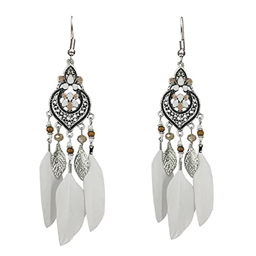 VFlowee Bohemian Earrings Feather Tassel Silver Ethnic Drop Earrings Retro Boho Dangle Earring Bead Women Teen Girls Jewelry for Birthday Party Gifts