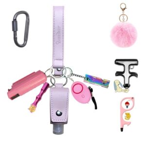 puezokly pink keychain gift set for woman car keys with card holder pu wristlet lanyard pom pom ball,travel bottle holder