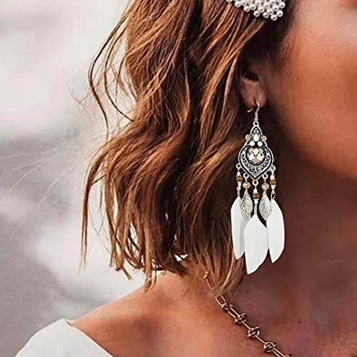 VFlowee Bohemian Earrings Feather Tassel Silver Ethnic Drop Earrings Retro Boho Dangle Earring Bead Women Teen Girls Jewelry for Birthday Party Gifts