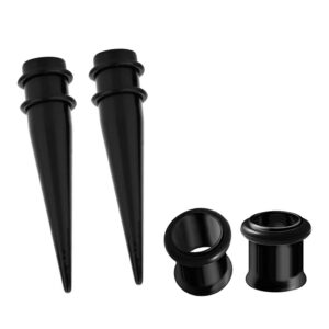 bngukju 9mm stainless steel ear gauge taper stretching + single flare plugs flesh tunnel kit with o-rings 2 pairs (black 9mm)