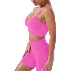 Women's Seamless Yoga Outfits 3 Pieces Workout Short Sleeve Crop Top + Camisole Tank Sports Bra + High Waisted Running Shorts Sets Activewear Athletic Fitness Tracksuit Gym Clothes Hot Pink Medium