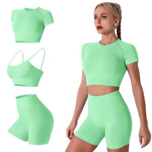 women's seamless yoga outfits 3 pieces workout short sleeve crop top + camisole tank sports bra + high waisted running shorts sets activewear athletic fitness tracksuit gym clothes mint green small