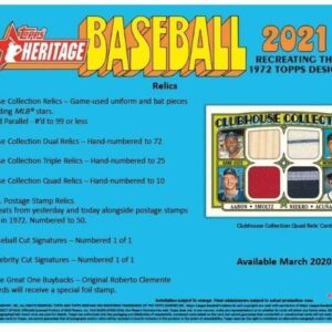 2021 Topps Heritage Baseball Factory Sealed Blaster Box 8 Packs of 9 Cards 72 Cards in All. CLASSIC 1972 VINTAGE TOPPS DESIGN Chase rookie cards of an Amazing Rookie Class such as Joe Adell, Alex Bohm, Casey Mize and Many More Blasters are my personal fav