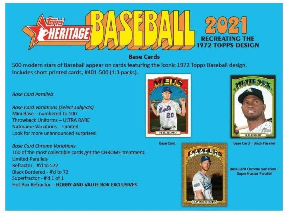 2021 Topps Heritage Baseball Factory Sealed Blaster Box 8 Packs of 9 Cards 72 Cards in All. CLASSIC 1972 VINTAGE TOPPS DESIGN Chase rookie cards of an Amazing Rookie Class such as Joe Adell, Alex Bohm, Casey Mize and Many More Blasters are my personal fav