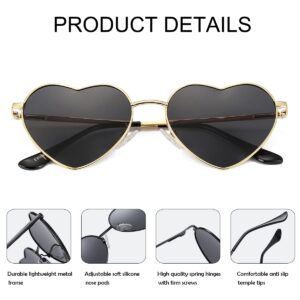 JOVAKIT Polarized Heart Sunglasses for Women Fashion Lovely Style Metal Frame UV400 Protection Lens (Gold/Grey)