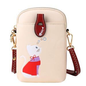 small crossbody phone bag for women leather cute cat cellphone purse shoulder bags pu wallet (off white)