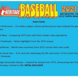 2021 Topps Heritage Baseball Factory Sealed Blaster Box 8 Packs of 9 Cards 72 Cards in All. CLASSIC 1972 VINTAGE TOPPS DESIGN Chase rookie cards of an Amazing Rookie Class such as Joe Adell, Alex Bohm, Casey Mize and Many More Blasters are my personal fav