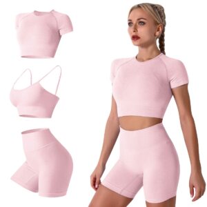 women's seamless yoga outfits 3 pieces workout short sleeve crop top + camisole tank sports bra + high waisted running shorts sets biker activewear athletic fitness tracksuit gym clothes pink small