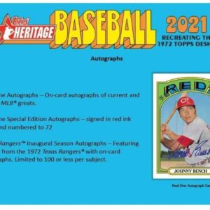 2021 Topps Heritage Baseball Factory Sealed Blaster Box 8 Packs of 9 Cards 72 Cards in All. CLASSIC 1972 VINTAGE TOPPS DESIGN Chase rookie cards of an Amazing Rookie Class such as Joe Adell, Alex Bohm, Casey Mize and Many More Blasters are my personal fav