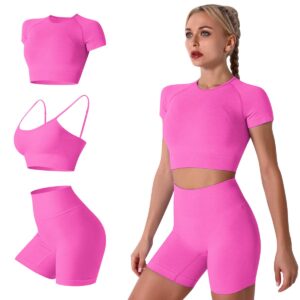 women's seamless yoga outfits 3 pieces workout short sleeve crop top + camisole tank sports bra + high waisted running shorts sets activewear athletic fitness tracksuit gym clothes hot pink medium