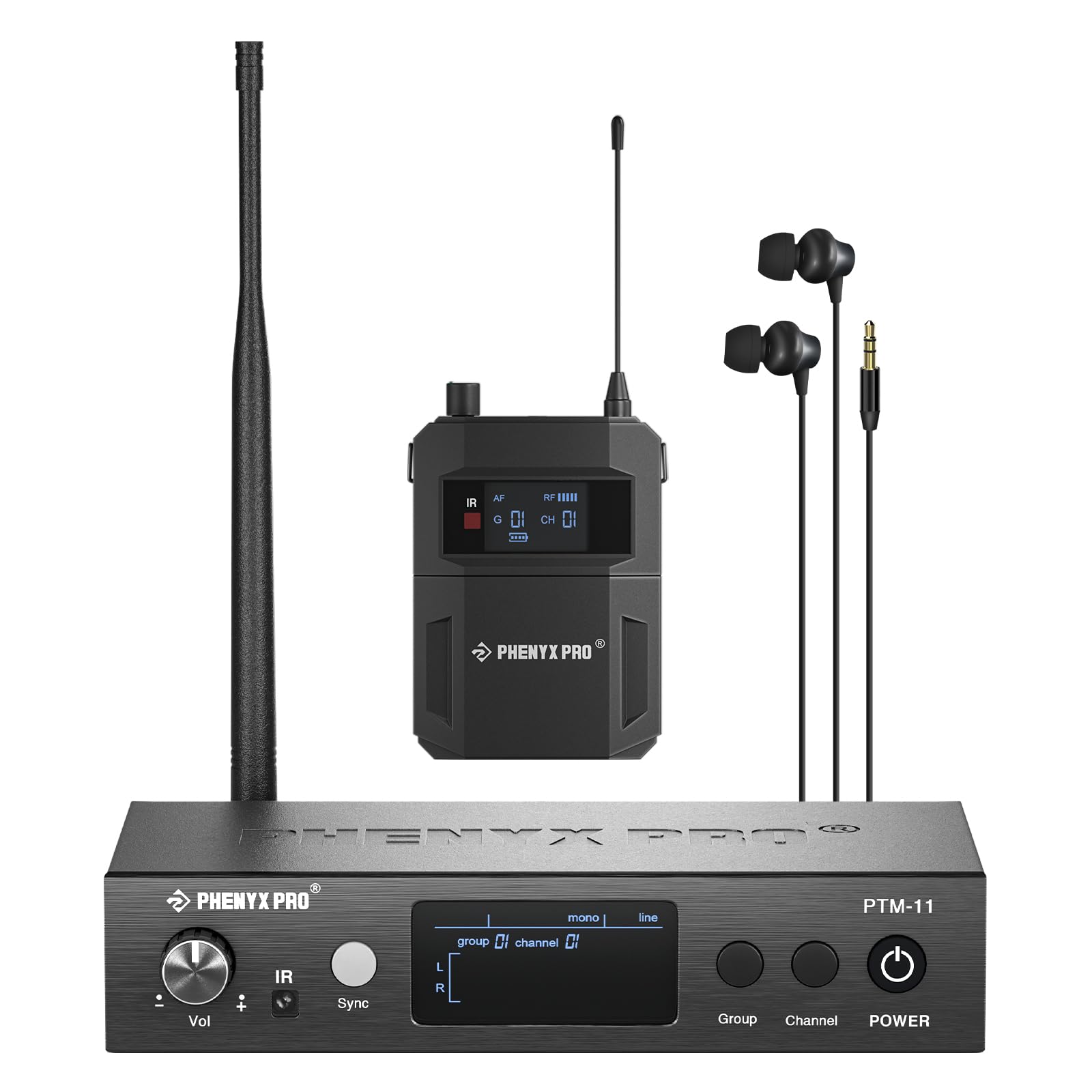 Phenyx Pro UHF Mono Wireless in-Ear Monitor System, Metal Wireless IEM System, Bodypack Receiver, 50 Adjustable Frequencies, Separate Outputs, 164ft Operation, Suitable for Band and Studio (PTM-11)