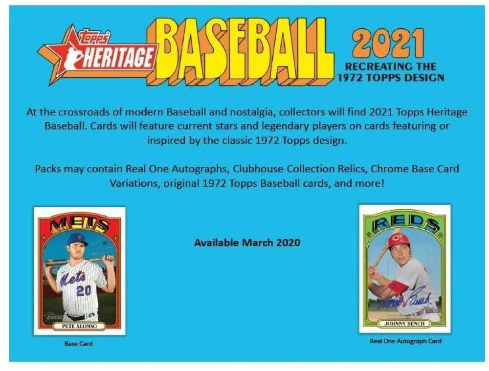 2021 Topps Heritage Baseball Factory Sealed Blaster Box 8 Packs of 9 Cards 72 Cards in All. CLASSIC 1972 VINTAGE TOPPS DESIGN Chase rookie cards of an Amazing Rookie Class such as Joe Adell, Alex Bohm, Casey Mize and Many More Blasters are my personal fav