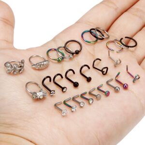 Kridzisw 18g Nose Rings Studs Hoops Piercing Jewelry 316L Stainless Surgical Steel L Shaped Screw Spiral Twist Hypoallergenic Heart Cute Nostril Ring Hoop for women Men Diamond 2mm 8mm