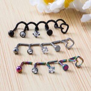 Kridzisw 18g Nose Rings Studs Hoops Piercing Jewelry 316L Stainless Surgical Steel L Shaped Screw Spiral Twist Hypoallergenic Heart Cute Nostril Ring Hoop for women Men Diamond 2mm 8mm